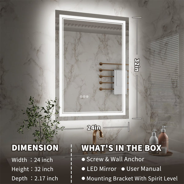 Linea 24" W x 32" H LED Heated Bathroom Mirror,Anti Fog,Dimmable,Front ...