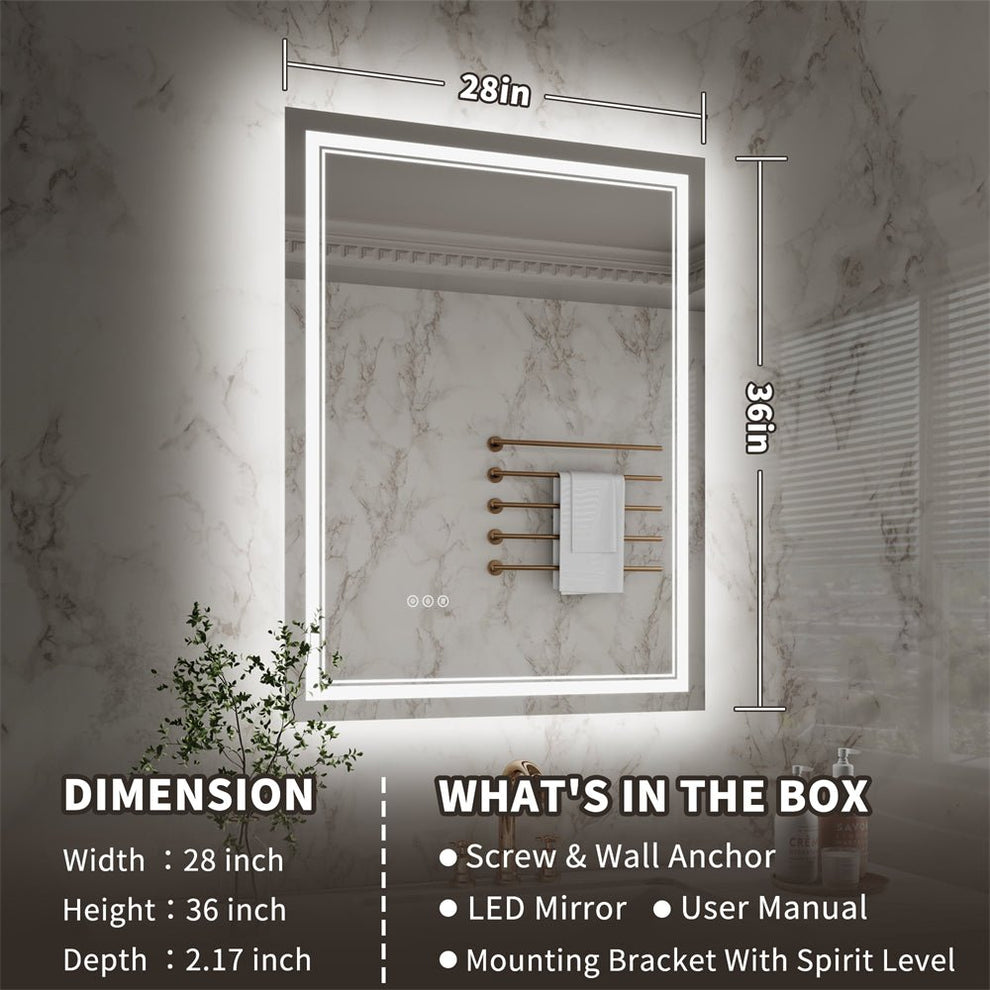 Linea 28" W x 36" H LED Heated Bathroom Mirror,Anti Fog,Dimmable,Front ...