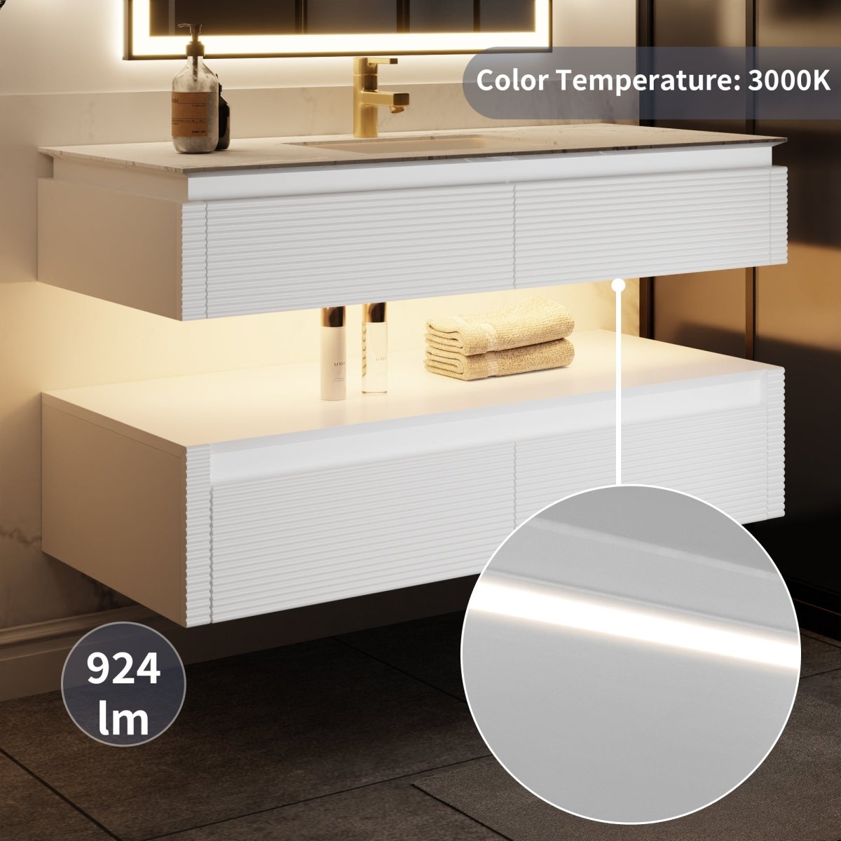 Segeo 48" Modern Solid Oak Floating Bathroom Vanity Cabinet White with ...