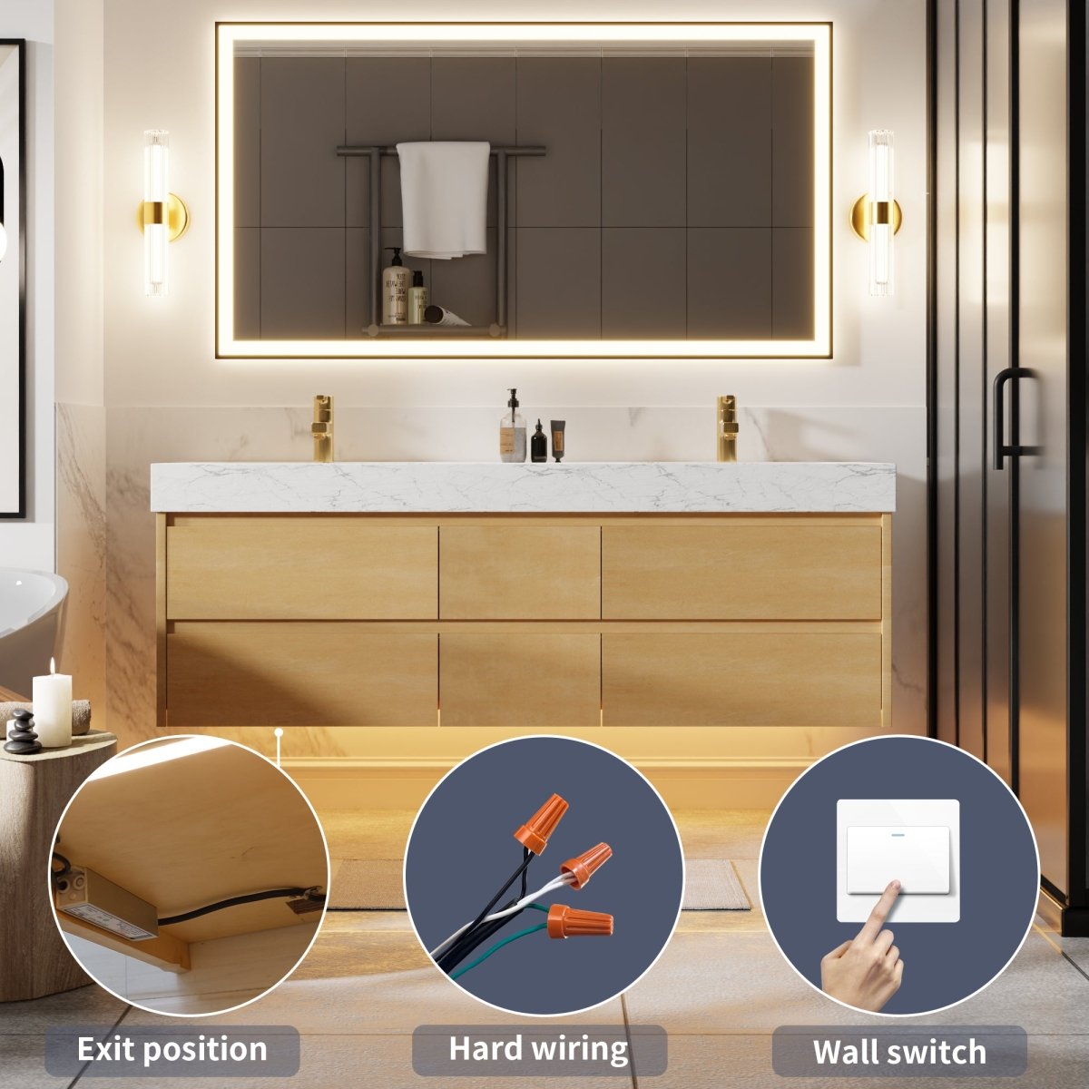 Sleek 60" Modern Floating Maple wood Bathroom Vanity Cabinet with with ...