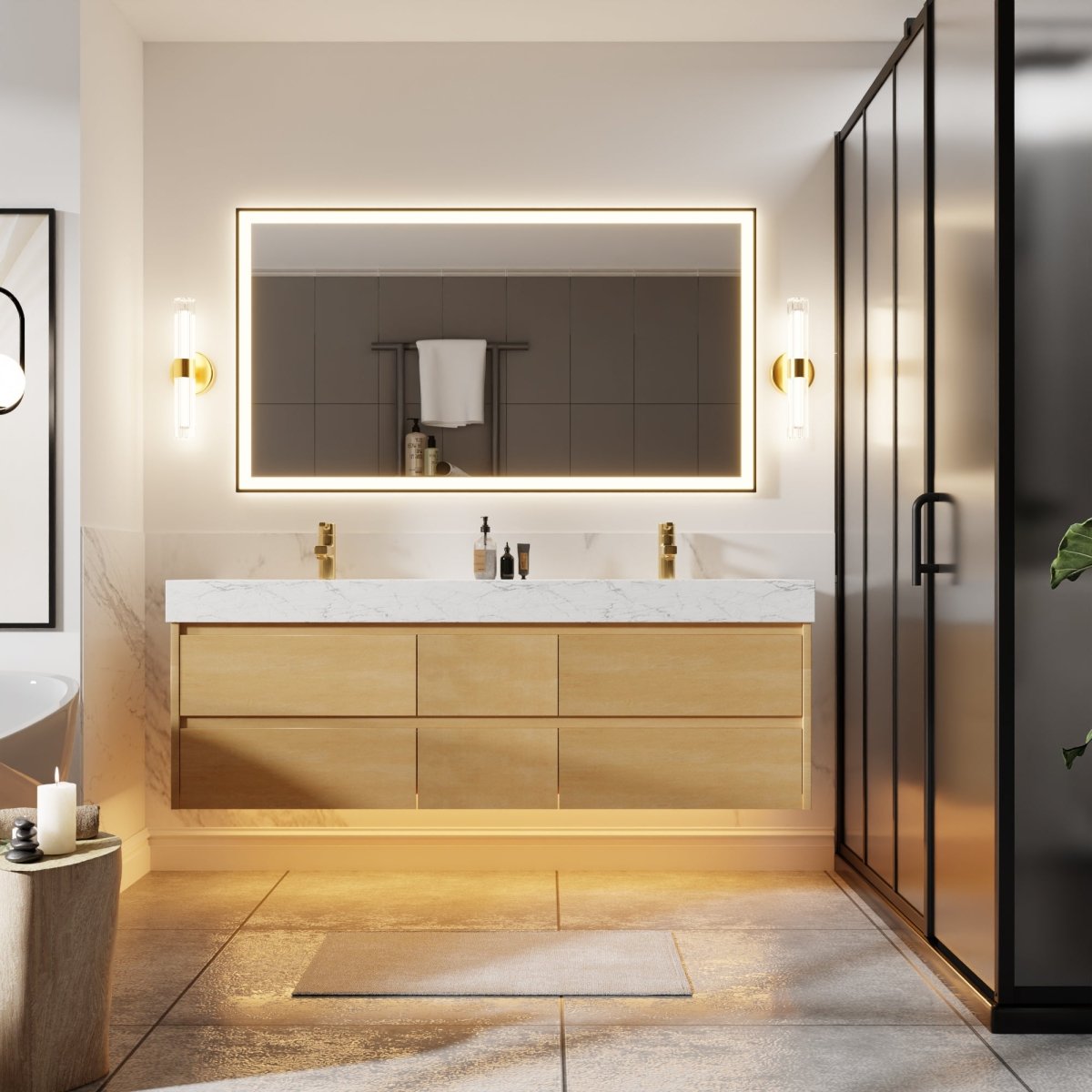 Sleek 60" Modern Floating Maple wood Bathroom Vanity Cabinet with with ...