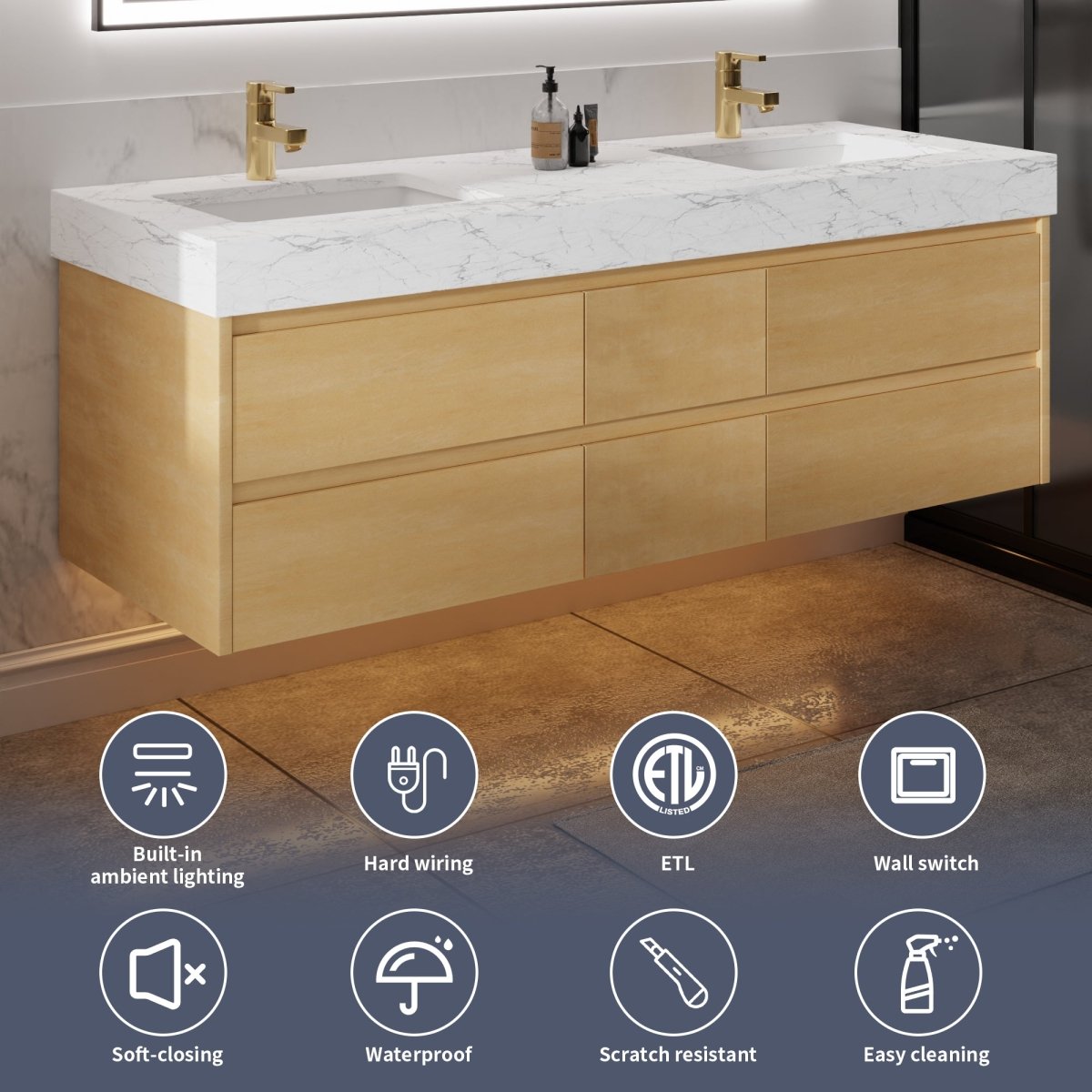 Sleek 60" Modern Floating Maple wood Bathroom Vanity Cabinet with with ...