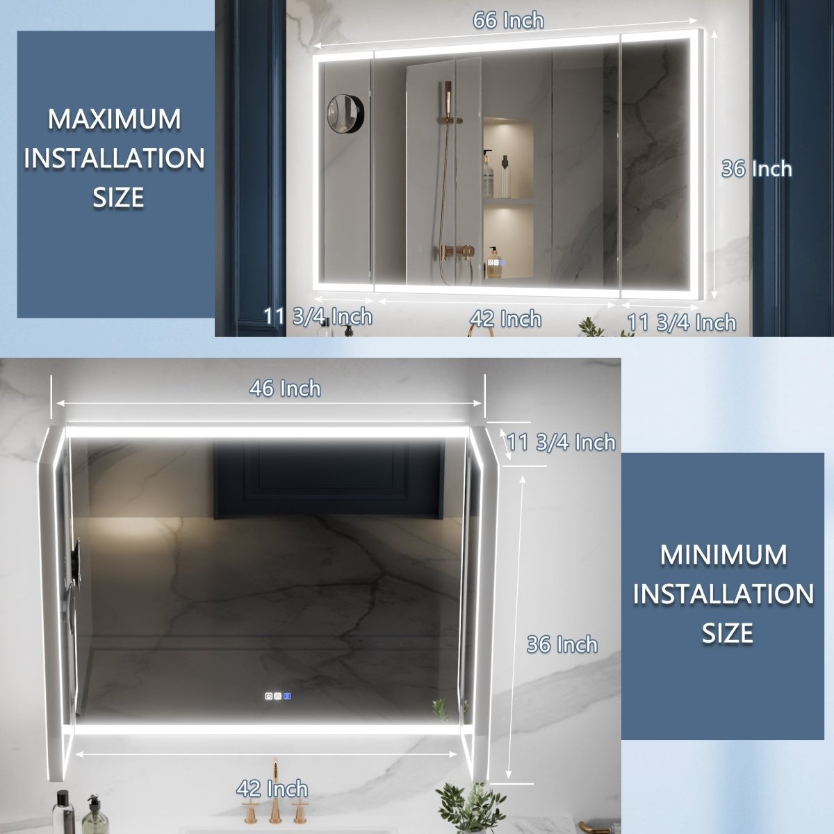 TriFold 66" W x 36" H LED Lighted Three Ways Bathroom Mirror, Front ...