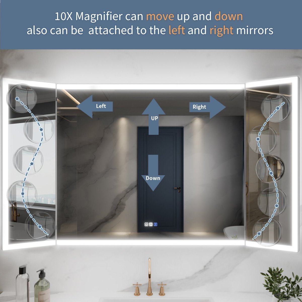 TriFold 66" W x 36" H LED Lighted Three Ways Bathroom Mirror, Front ...