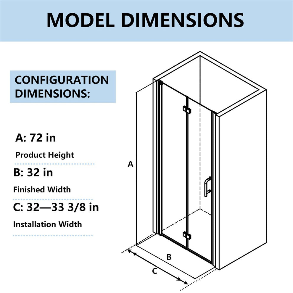 Exbrite Adapt Bifold Shower Door 32-33 in.W x 72 in.H Pivot Swing Show ...