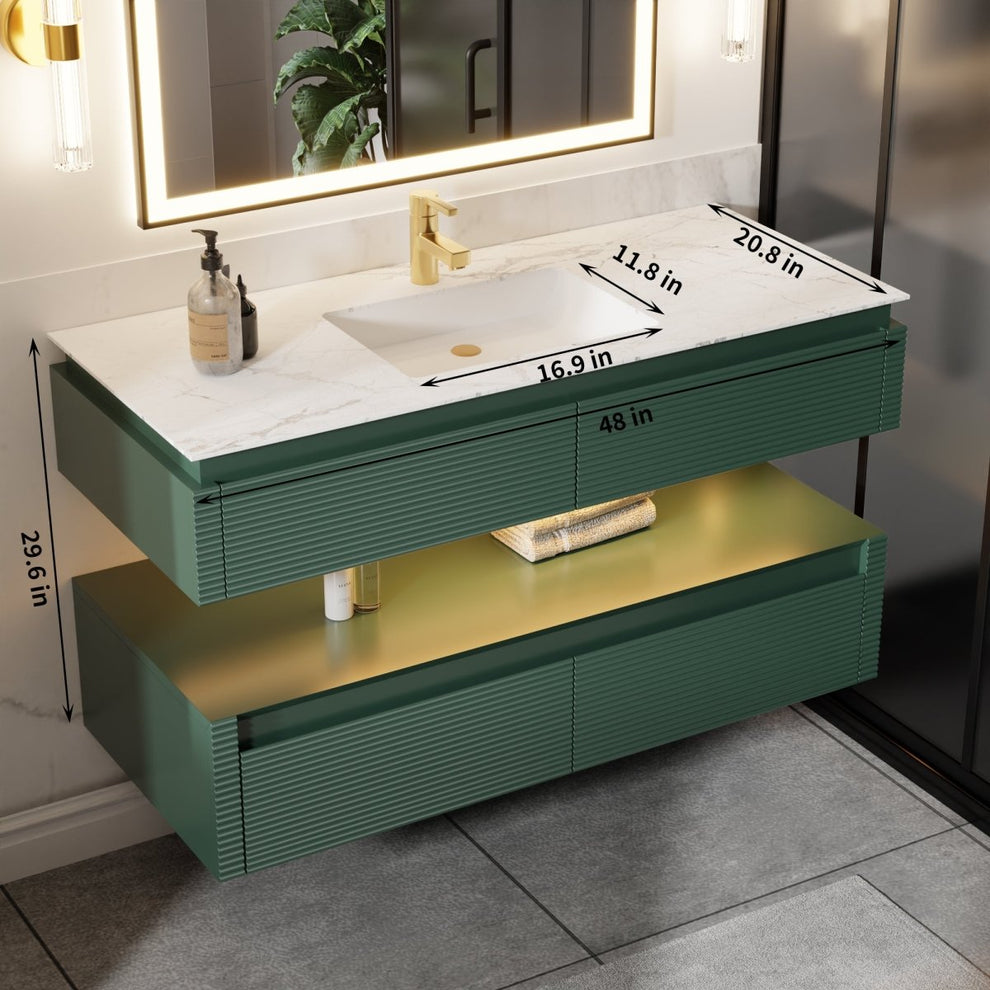 Segeo 48" Modern Solid Oak Floating Bathroom Vanity Cabinet Green with ...